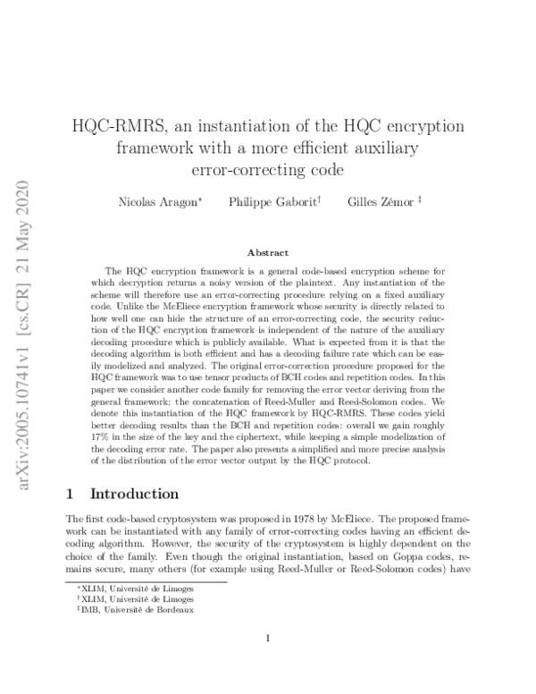(PDF) HQC-RMRS, an instantiation of the HQC encryption framework with a ...