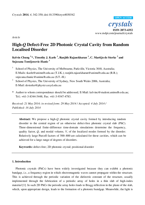 (PDF) High-Q Defect-Free 2D Photonic Crystal Cavity from Random ...