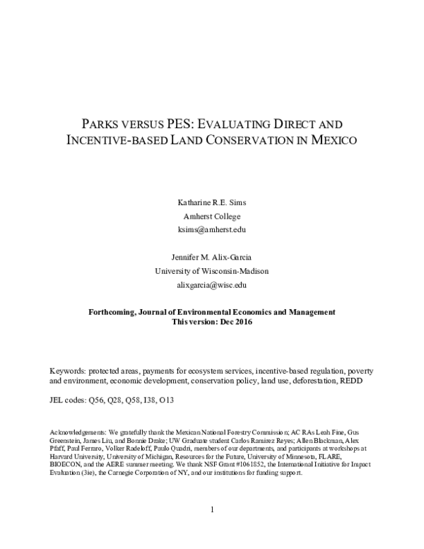 (PDF) Parks versus PES: Evaluating direct and incentive-based land ...