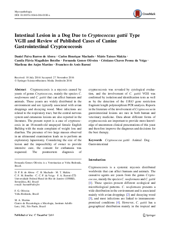 (PDF) Intestinal Lesion in a Dog Due to Cryptococcus gattii Type VGII ...