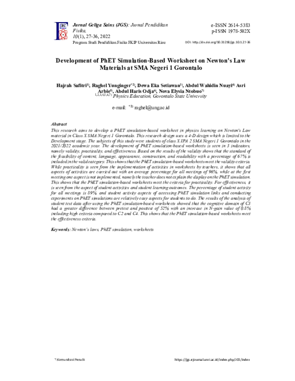 (PDF) Development of PhET Simulation-Based Worksheet on Newton's Law ...