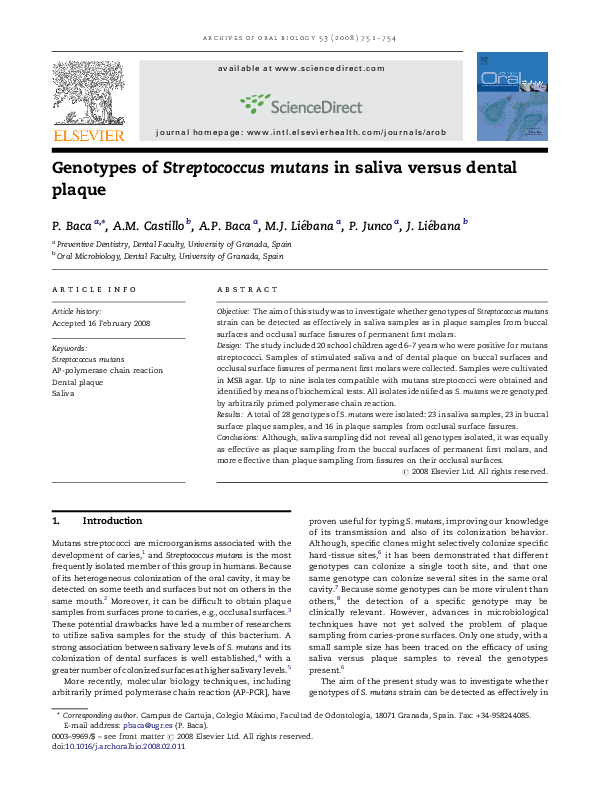 (PDF) Genotypes of Streptococcus mutans in saliva versus dental plaque