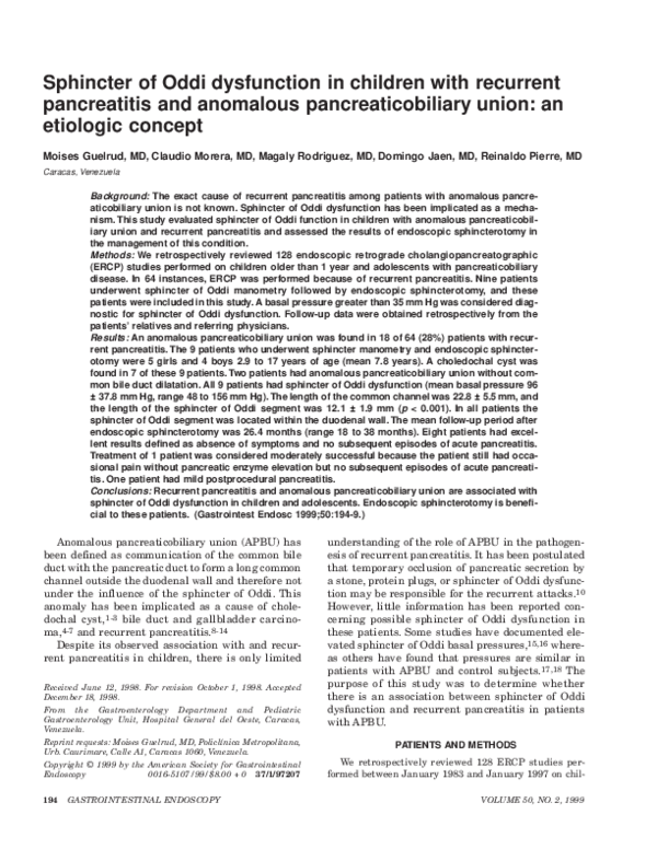 (PDF) Sphincter of Oddi dysfunction in children with recurrent pancreatitis and anomalous ...