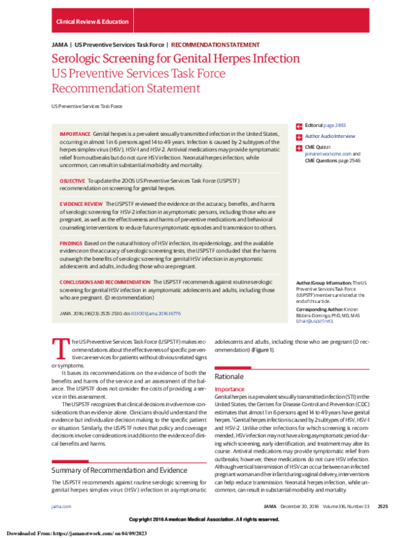 (PDF) Serologic Screening for Genital Herpes Infection: US Preventive ...