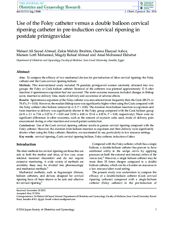 (PDF) Use of the Foley catheter versus a double balloon cervical ... (PDF) Use of the Foley catheter versus a double balloon cervical ...