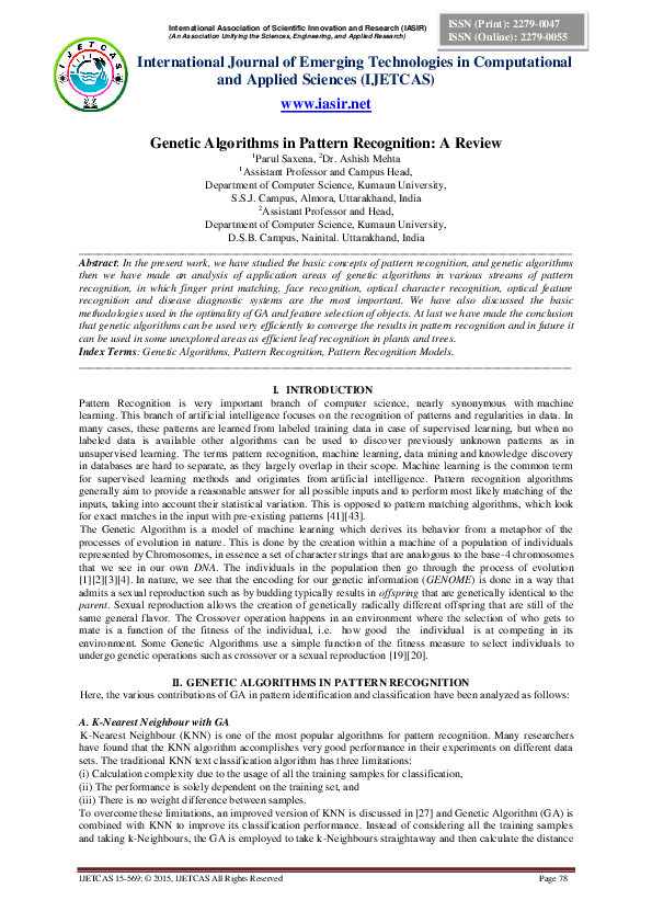 Pdf Genetic Algorithms In Pattern Recognition A Review