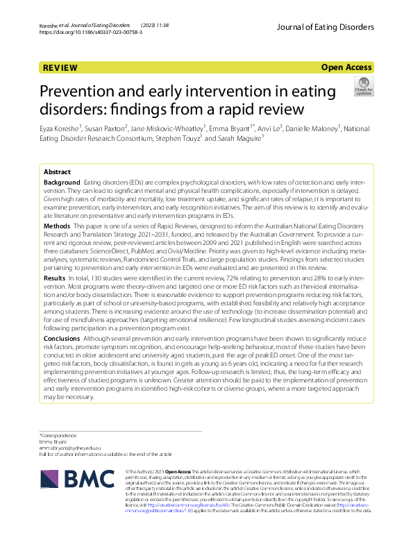 (PDF) Prevention and early intervention in eating disorders: findings ...