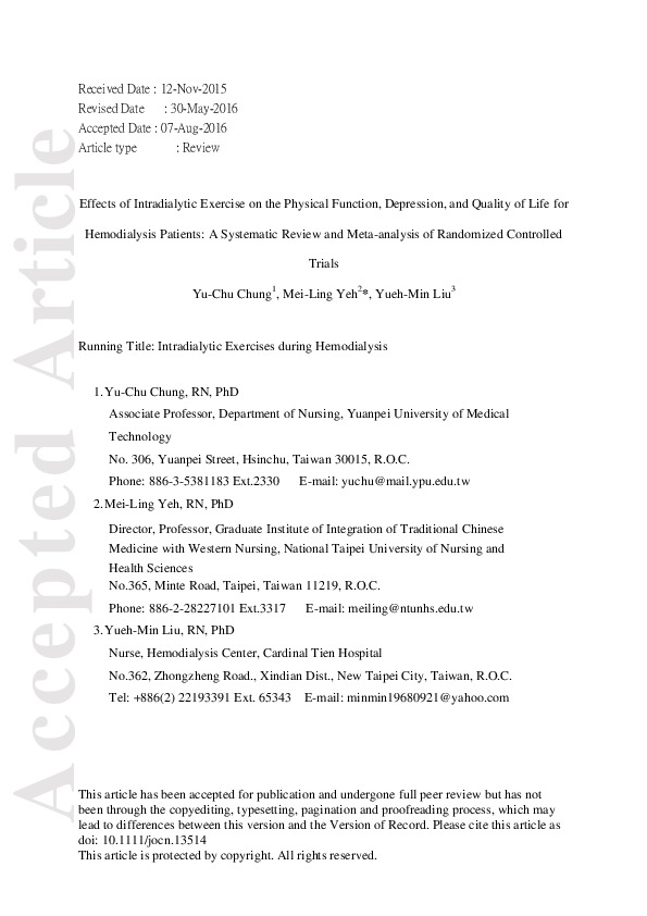 (PDF) Effects of Intradialytic Exercise on the Physical Function, Depression, and Quality of ...