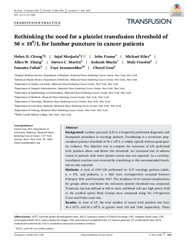 (PDF) Rethinking the need for a platelet transfusion threshold of 50 × ...