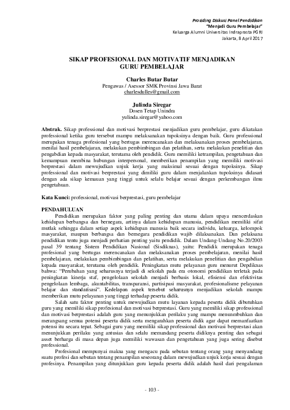 (PDF) Prosiding Diskusi Panel Pendidikan SIKAP PROFESIONAL DAN MOTIVATIF MENJADIKAN GURU PEMBELAJAR