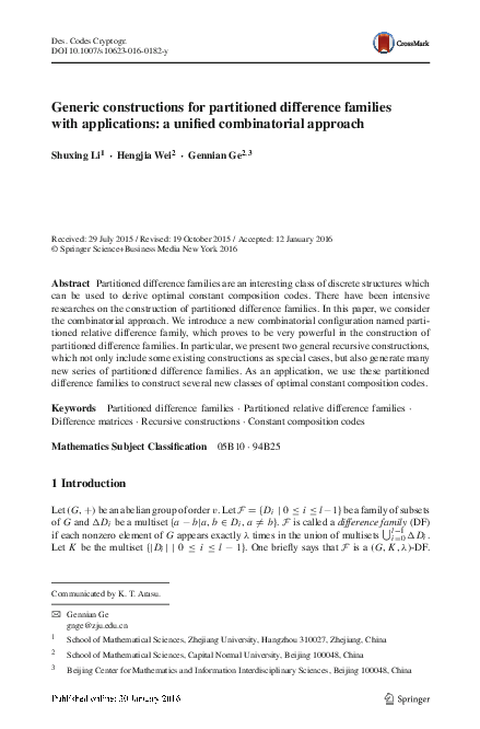 Pdf Generic Constructions For Partitioned Difference Families With Applications A Unified