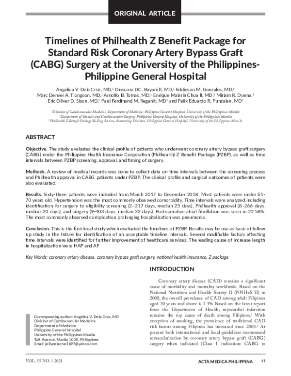 (PDF) Timelines of Philhealth Z Benefit Package for Standard Risk Coronary Artery Bypass Graft ...