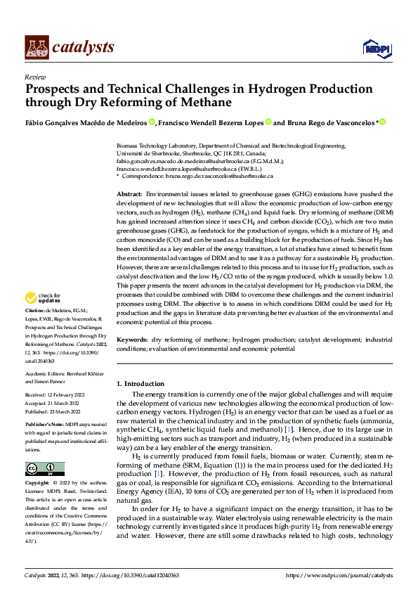 (PDF) Prospects and Technical Challenges in Hydrogen Production through Dry Reforming of Methane ...