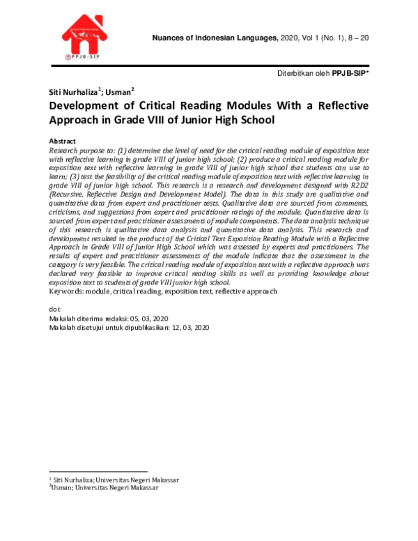 (PDF) Development of Critical Reading Modules With a Reflective ...
