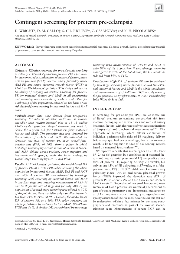 (PDF) Routine Screening for Preterm Pre-eclampsia Using Maternal Factors