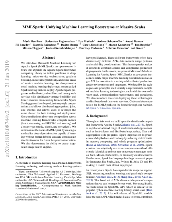 (PDF) MMLSpark: Unifying Machine Learning Ecosystems at Massive Scales