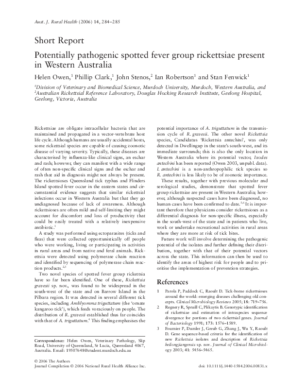(PDF) Potentially pathogenic spotted fever group rickettsiae present in ...