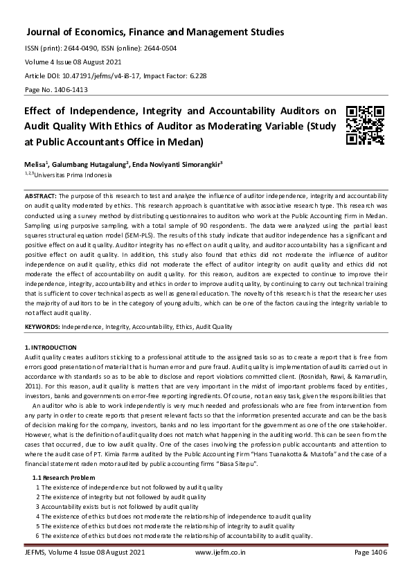 (PDF) Effect Of Independence, Integrity And Accountability Auditors On Audit Quality With Ethics ...