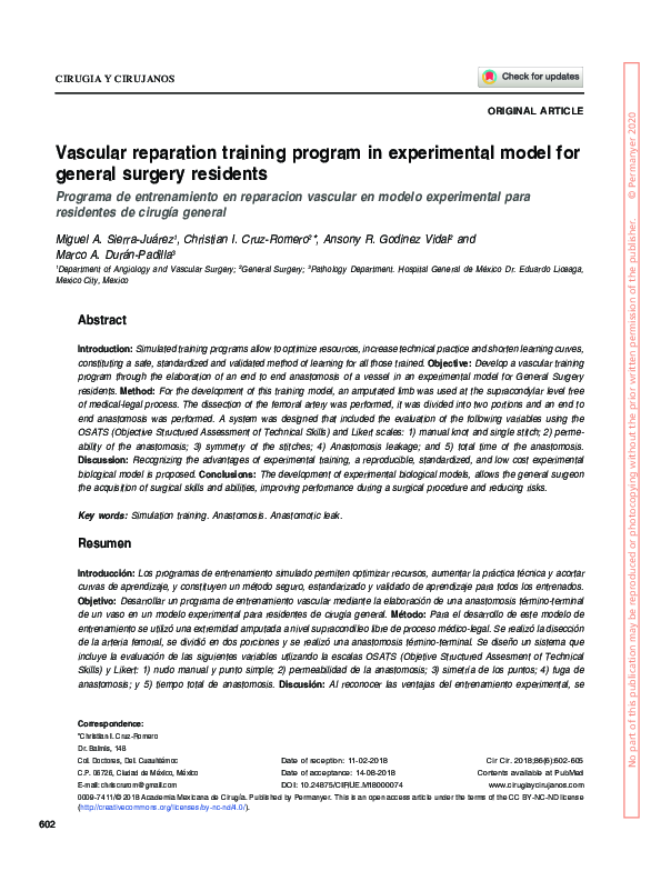 (PDF) Vascular reparation training program in experimental model for ...