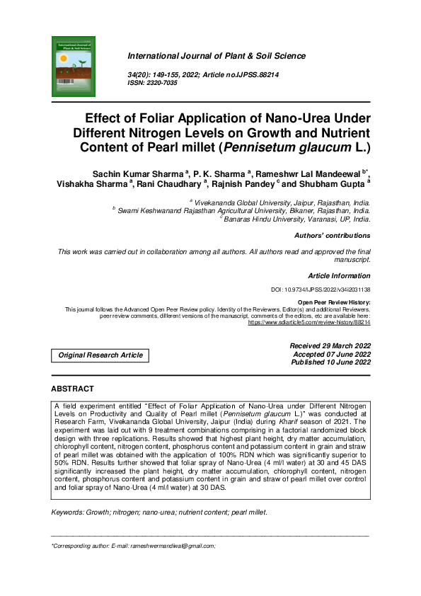 Pdf Effect Of Foliar Application Of Nano Urea Under Different