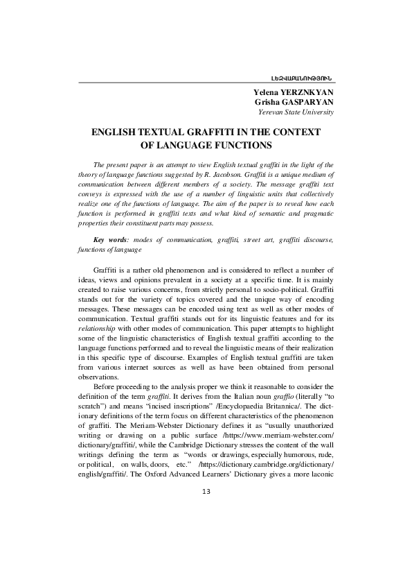 (PDF) English Textual Graffiti in the Context of Language Functions