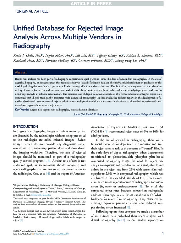 (PDF) Unified Database for Rejected Image Analysis Across Multiple Vendors in Radiography