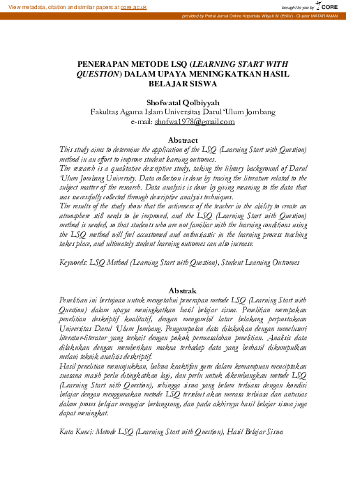 (PDF) Penerapan Metode LSQ (Learning Start With Question) dalam Upaya Meningkatkan Hasil Belajar ...