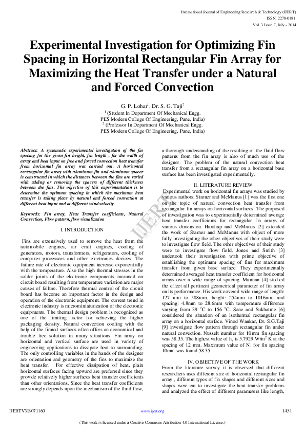 Pdf Experimental Investigation For Optimizing Fin Spacing In Horizontal Rectangular Fin Array