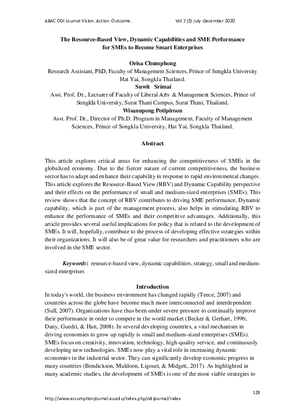 (PDF) The Resource-Based View, Dynamic Capabilities and SME Performance for SMEs to Become Smart ...
