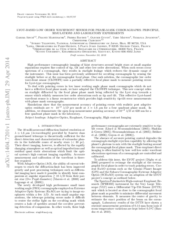 (PDF) Lyot-based Low Order Wavefront Sensor for Phase-mask Coronagraphs ...