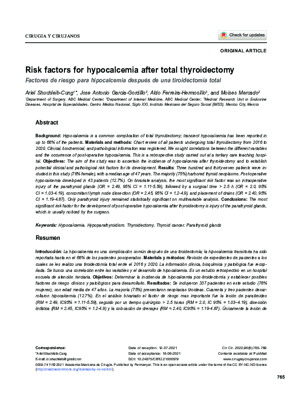 (PDF) Risk factors for hypocalcemia after total thyroidectomy | jose antonio garcia gordillo ...