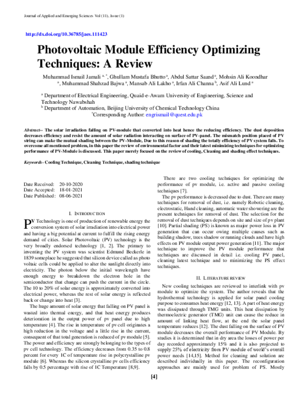(PDF) Photovoltaic Module Efficiency Optimizing Techniques: A Review