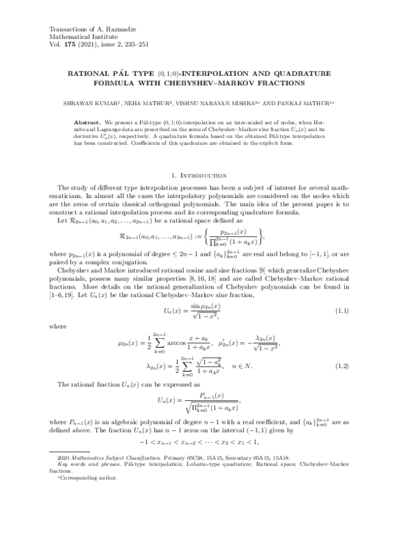 (PDF) Rational Pál Type (0, 1; 0)-INTERPOLATION and Quadrature Formula ...