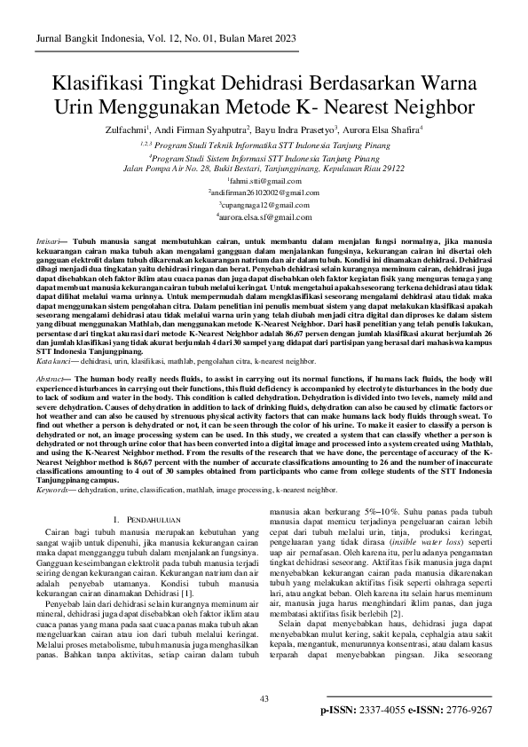 (PDF) Klasifikasi Tingkat Dehidrasi Berdasarkan Warna Urin Menggunakan Metode KNN