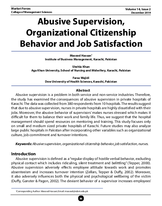 (PDF) Abusive Supervision, Organizational Citizenship Behavior and Job Satisfaction