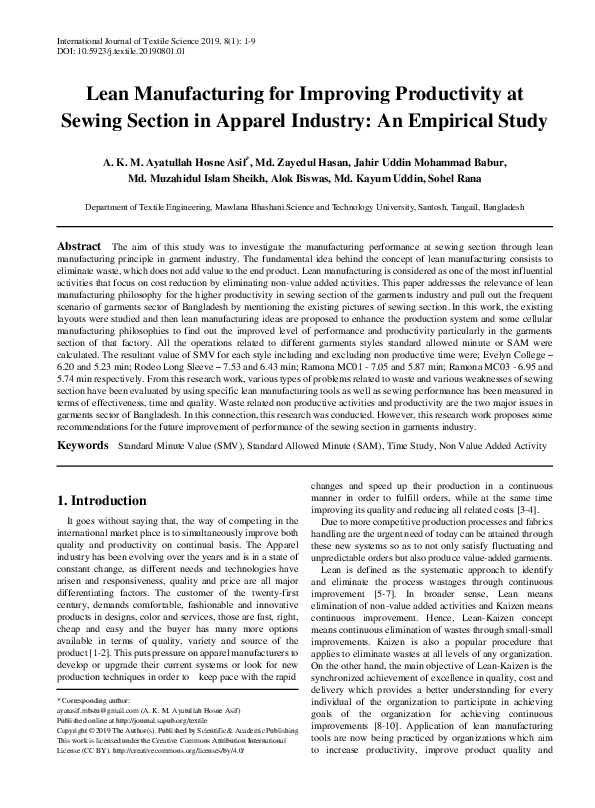 (PDF) Lean Manufacturing for Improving Productivity at Sewing Section ...