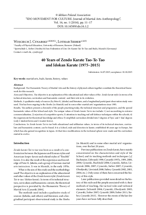 (PDF) 40 Years of Zendo Karate Tao-Te-Tao and Idokan Karate (1975–2015)