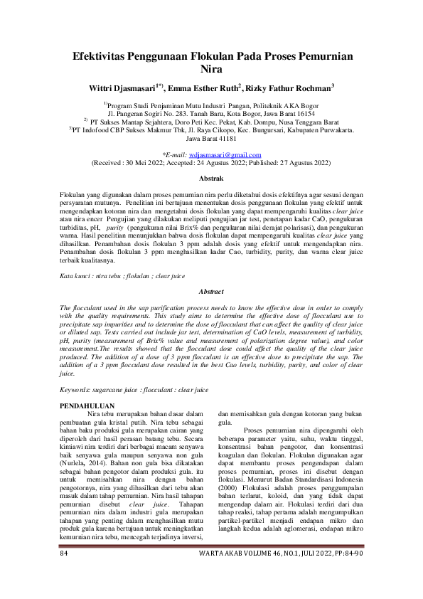 (PDF) Efektivitas Penggunaan Flokulan Pada Proses Pemurnian Nira