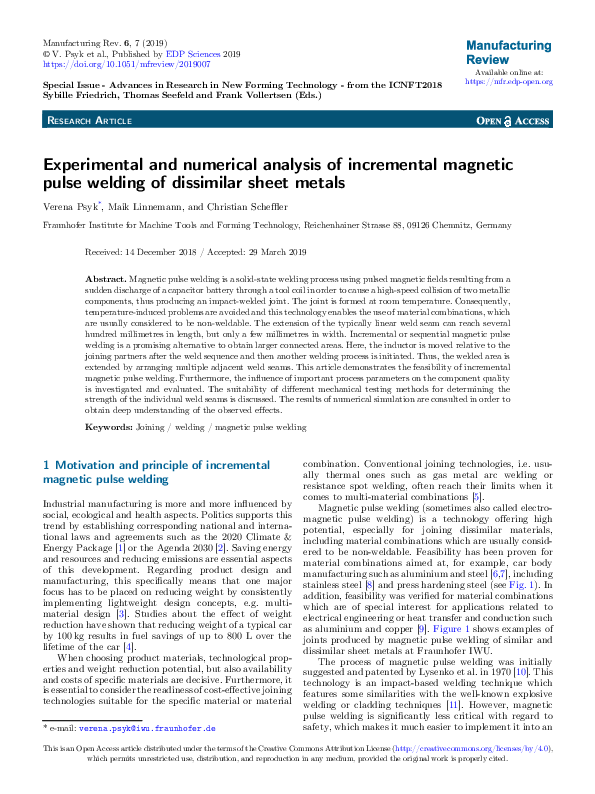 (PDF) Experimental and numerical analysis of incremental magnetic pulse welding of dissimilar ...
