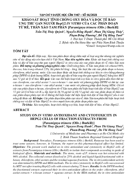(PDF) KHẢO SÁT HOẠT TÍNH CHỐNG OXY HÓA VÀ ĐỘC TẾ BÀO UNG THƯ GAN NGƯỜI HepG2 IN VITRO CỦA CÁC ...
