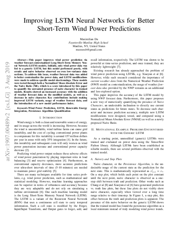 Pdf Improving Lstm Neural Networks For Better Short Term Wind Power Predictions
