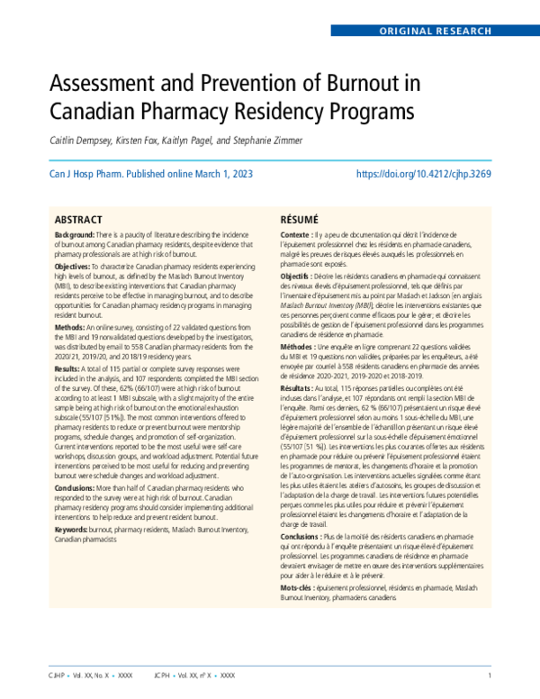 (PDF) Assessment and Prevention of Burnout in Canadian Pharmacy ...