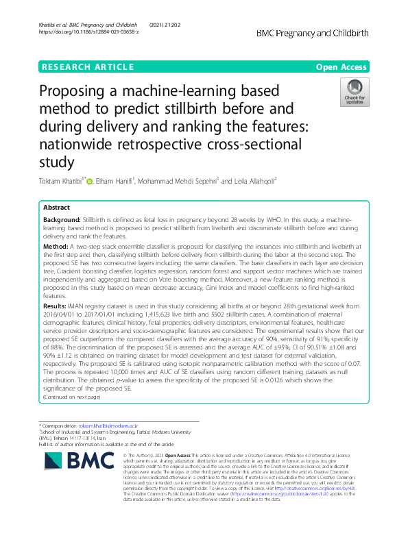 (PDF) Proposing a machine-learning based method to predict stillbirth before and during delivery ...