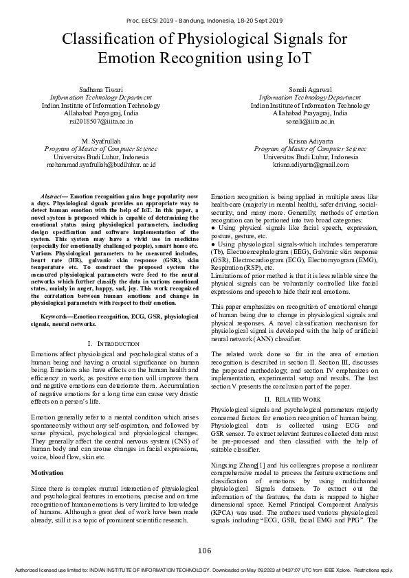 Pdf Classification Of Physiological Signals For Emotion Recognition Using Iot Sadhana Tiwari