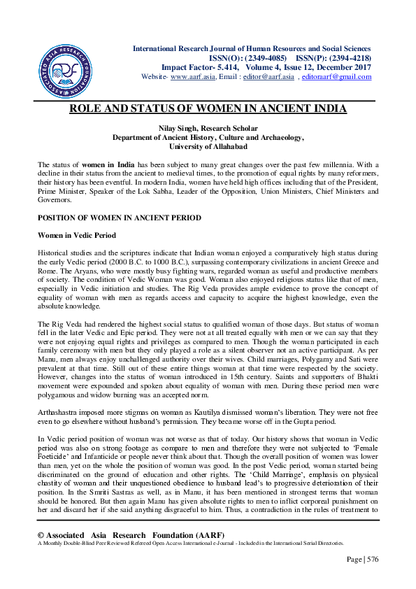 (PDF) Role and Status of Women in Ancient India