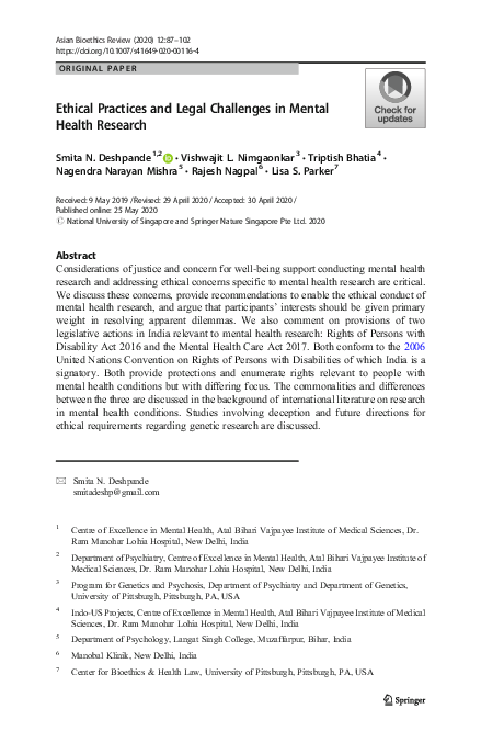 (PDF) Ethical Practices and Legal Challenges in Mental Health Research