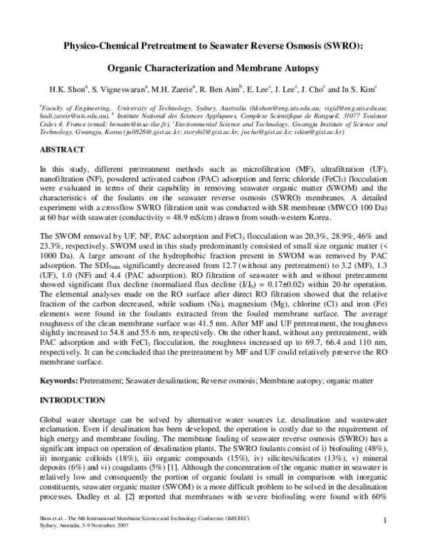 (PDF) Physico-chemical pretreatment to seawater reverse osmosis (SWRO ...