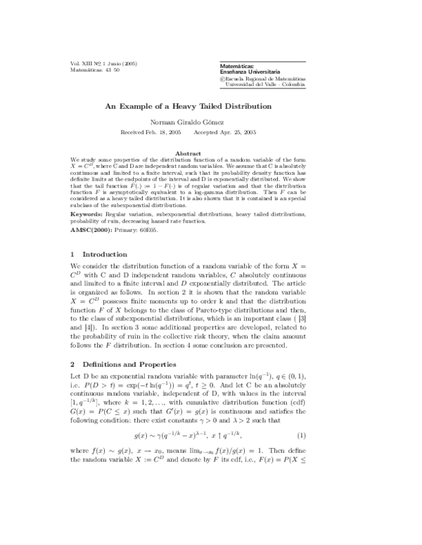 (PDF) An Example of a Heavy Tailed Distribution | Norman F Giraldo ...