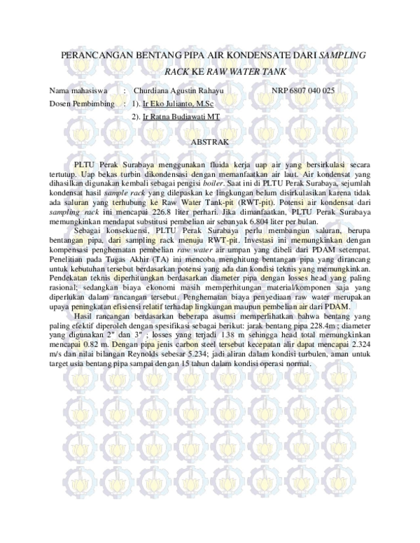 (PDF) Perancangan Bentang Pipa Air Kondensate Dari Sampling Rack Ke Raw ...
