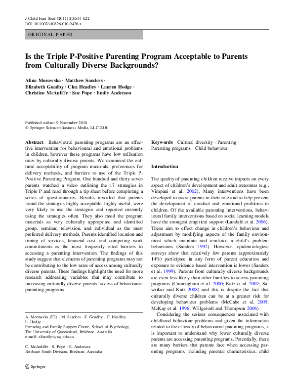 (PDF) Is the Triple P-Positive Parenting Program Acceptable to Parents from Culturally Diverse ...